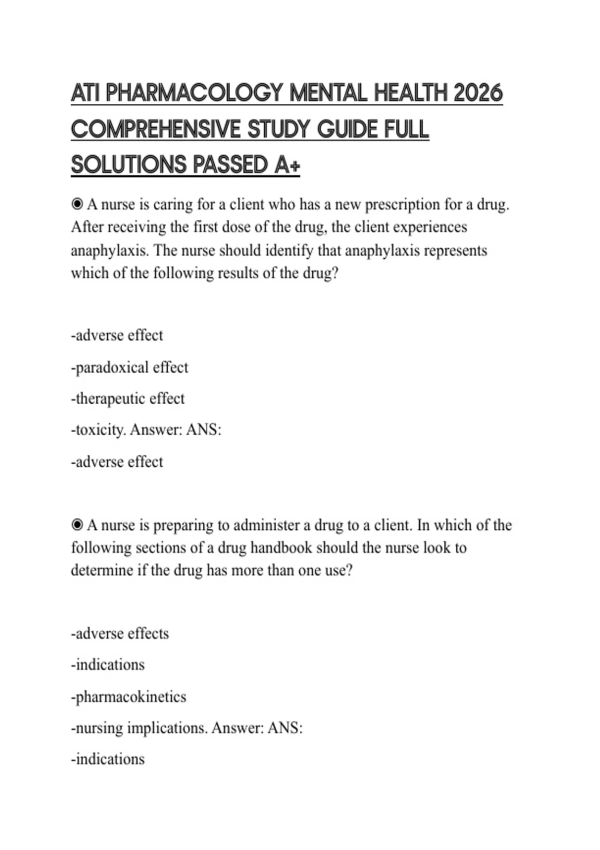ATI PHARMACOLOGY MENTAL HEALTH 2026 COMPREHENSIVE STUDY GUIDE FULL ...