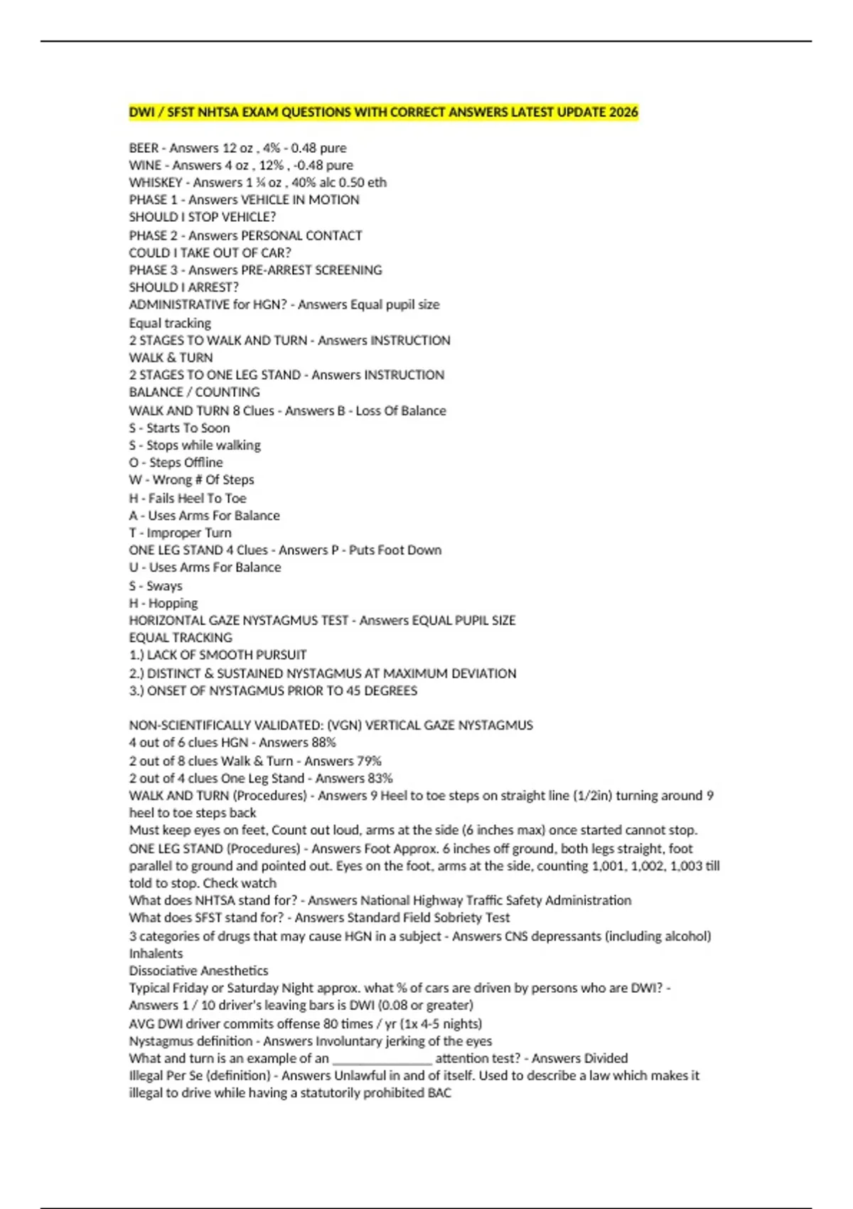 DWI / SFST NHTSA EXAM QUESTIONS WITH CORRECT ANSWERS LATEST UPDATE 2026 ...