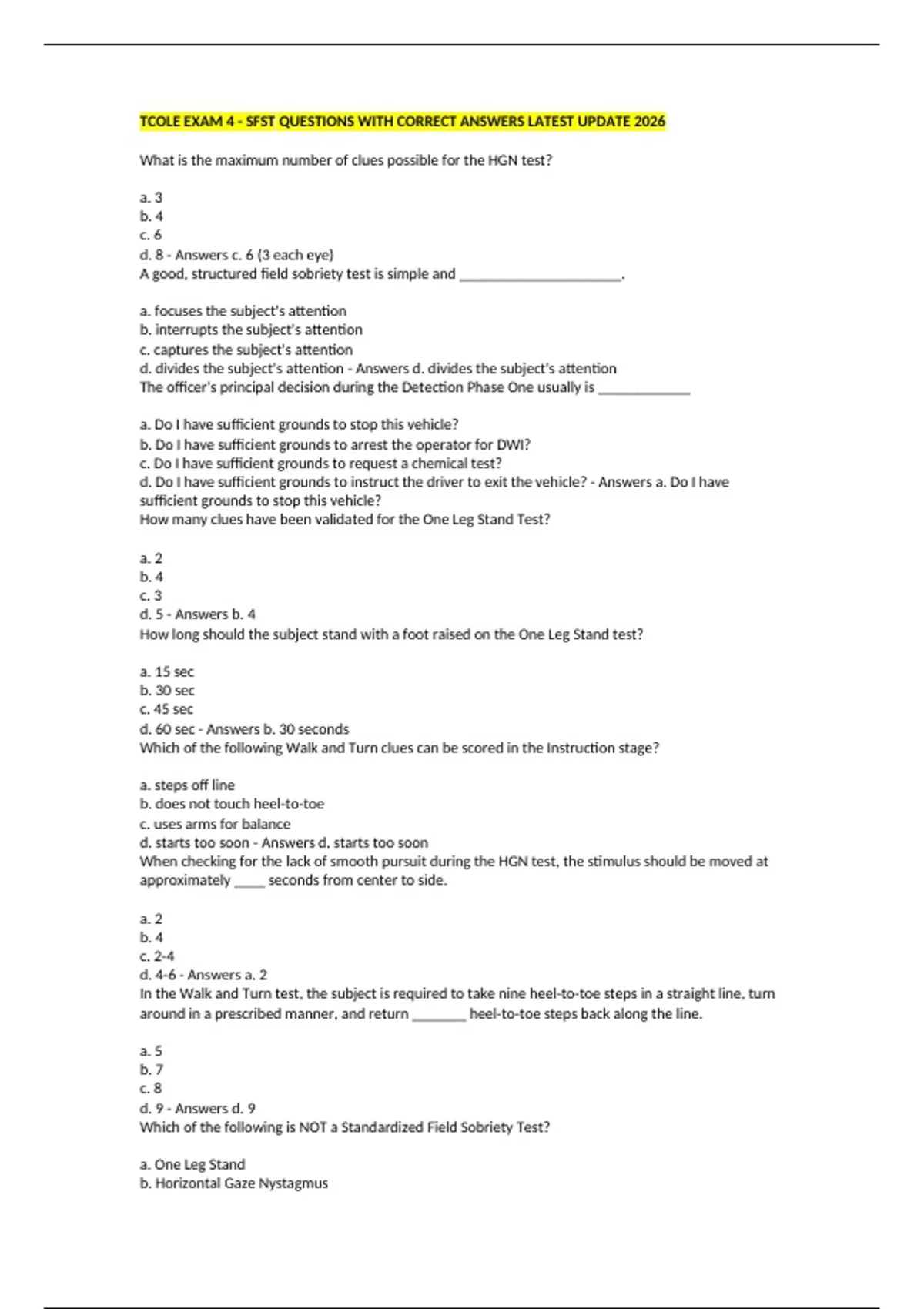 TCOLE EXAM 4 - SFST QUESTIONS WITH CORRECT ANSWERS LATEST UPDATE 2026 ...