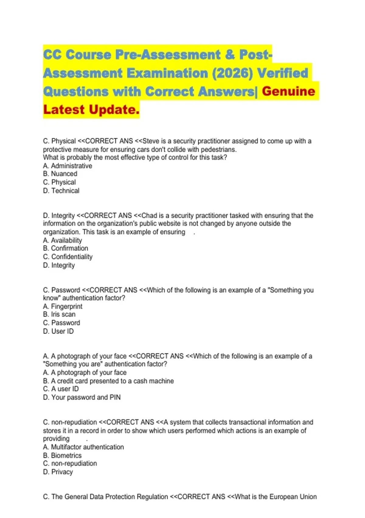 CC Course Pre-Assessment & Post-Assessment Examination (2026) Verified ...