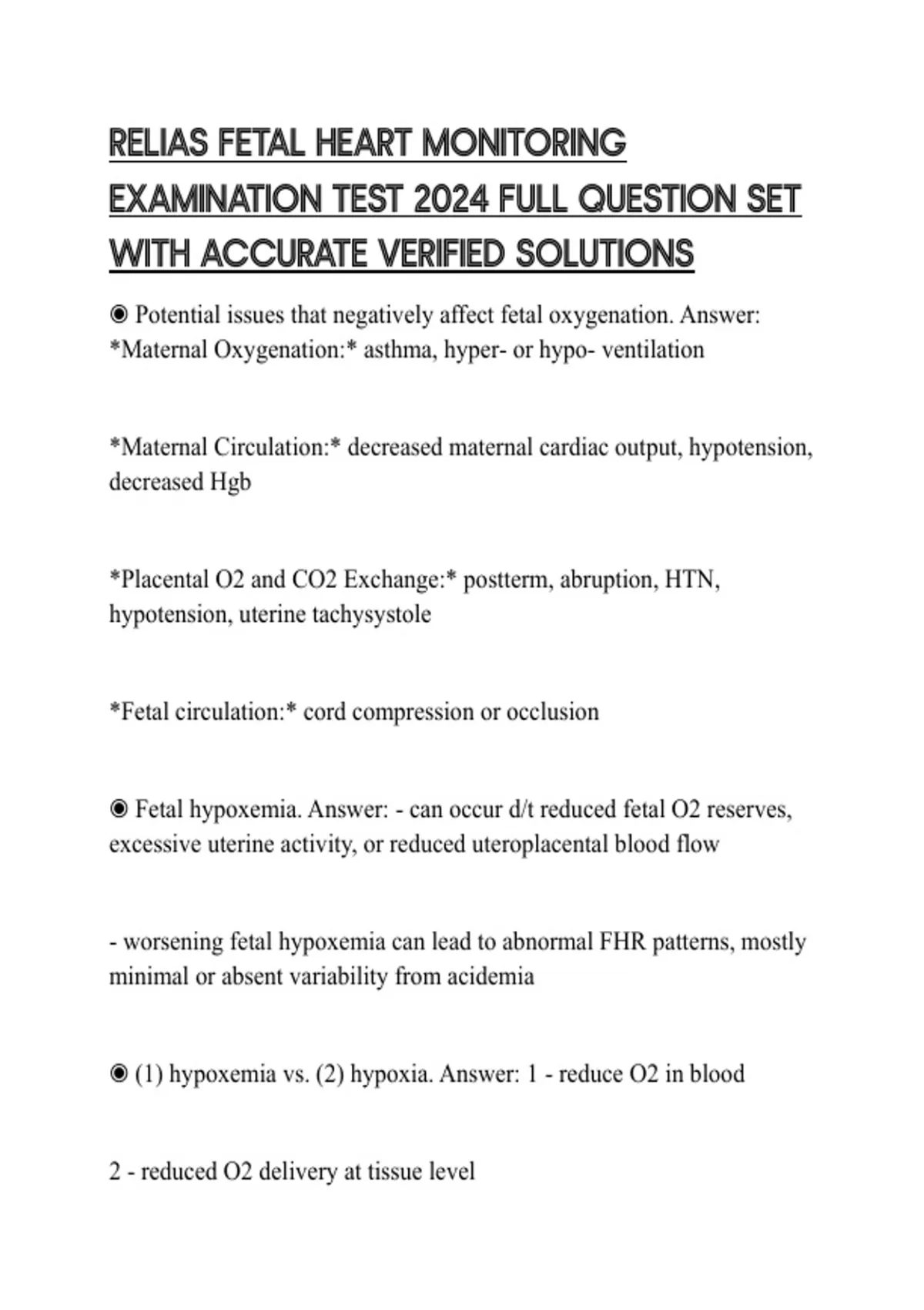 RELIAS FETAL HEART MONITORING EXAMINATION TEST 2024 FULL QUESTION SET ...
