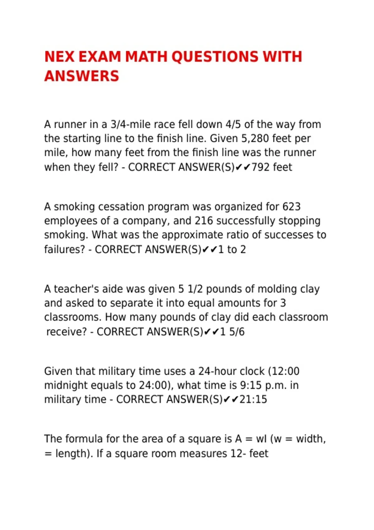 NEX EXAM MATH QUESTIONS WITH ANSWERS - NLN NEX - Stuvia US