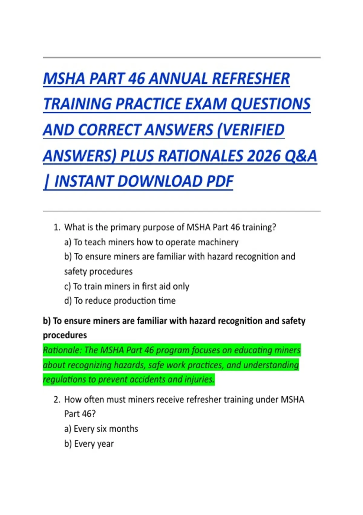 MSHA PART 46 ANNUAL REFRESHER TRAINING PRACTICE EXAM QUESTIONS AND ...