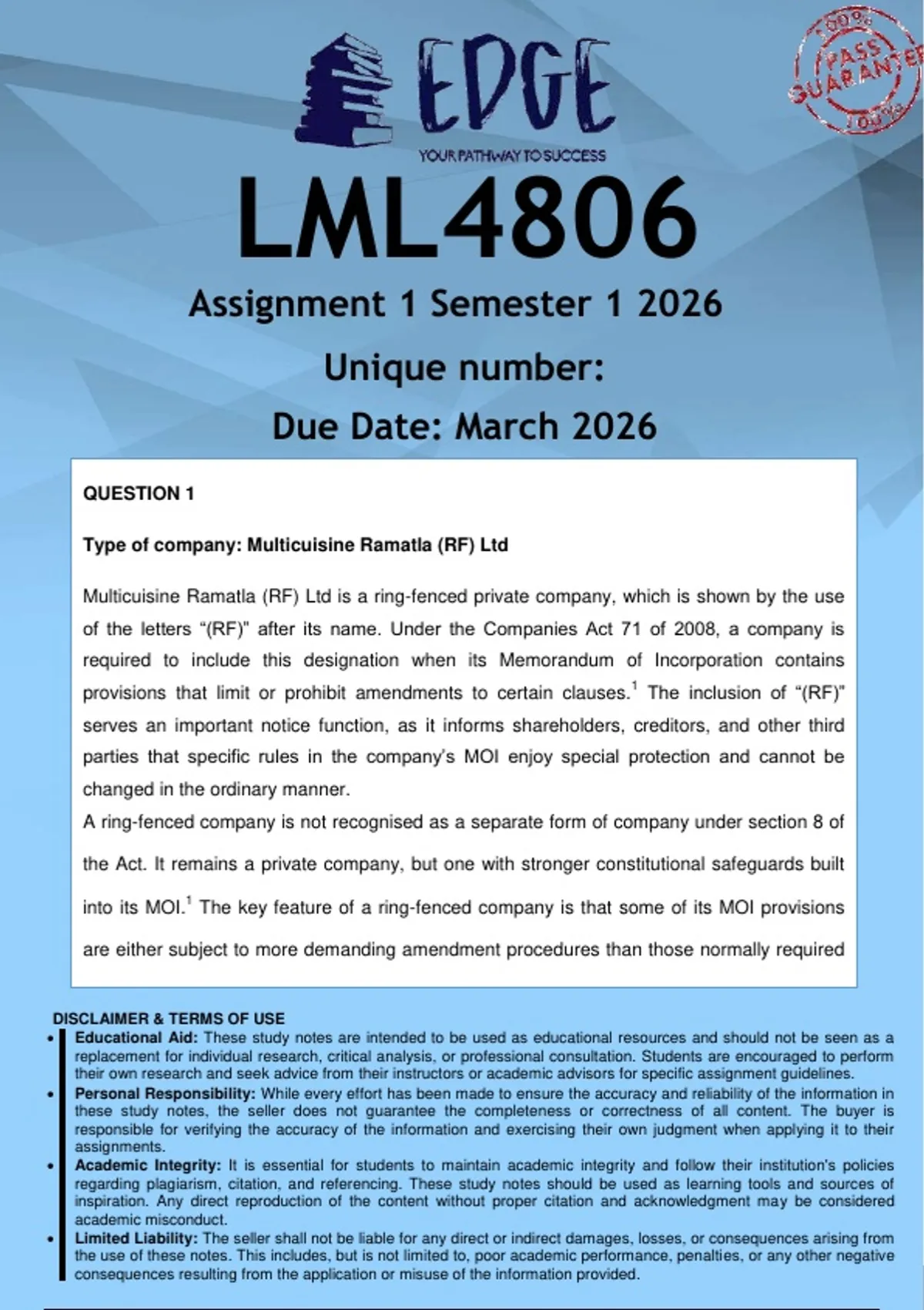 LML4806 Assignment 1 (ANSWERS) Semester 1 2026 - DISTINCTION GUARANTEED ...