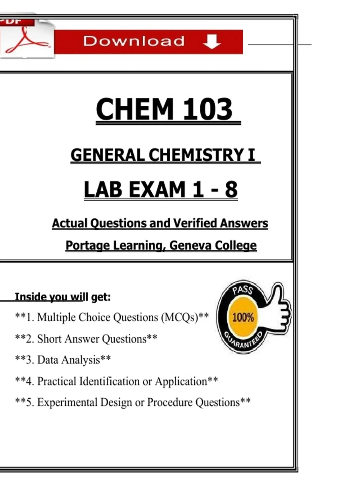 CHEM 103 GENERAL CHEMISTRY I LAB EXAM 1 - 8 Actual Questions and ...
