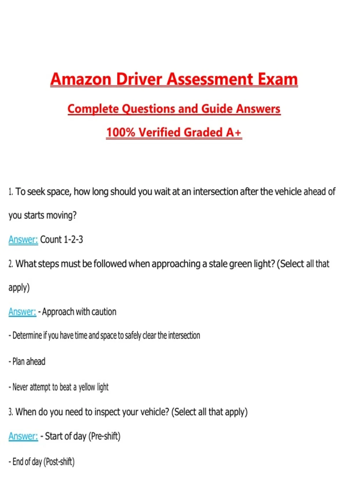 Amazon Driver Assessment Test Questions with Correct Answers Pass the ...