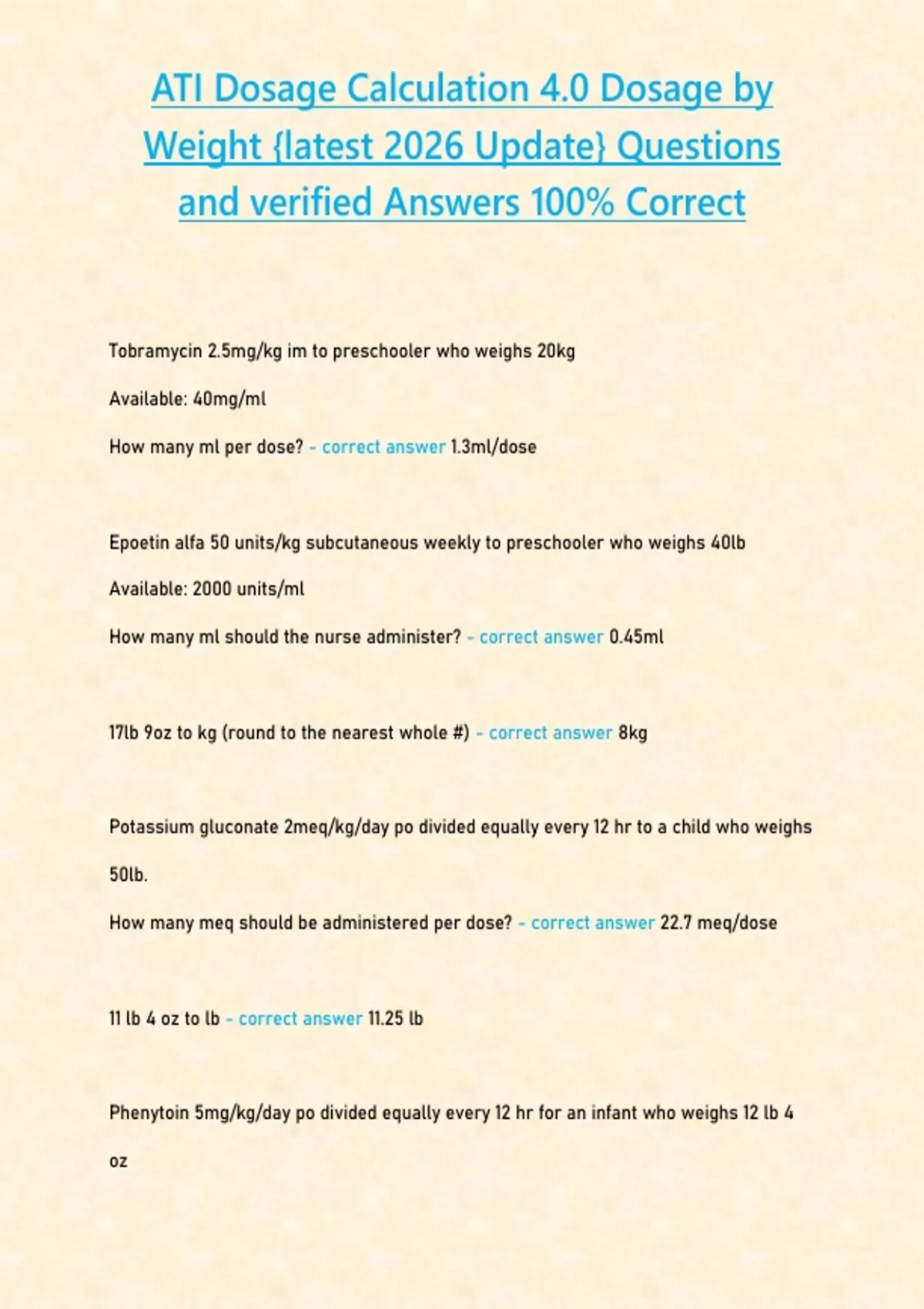 ATI Dosage Calculation 4.0 Dosage by Weight -latest 2026 Update ...