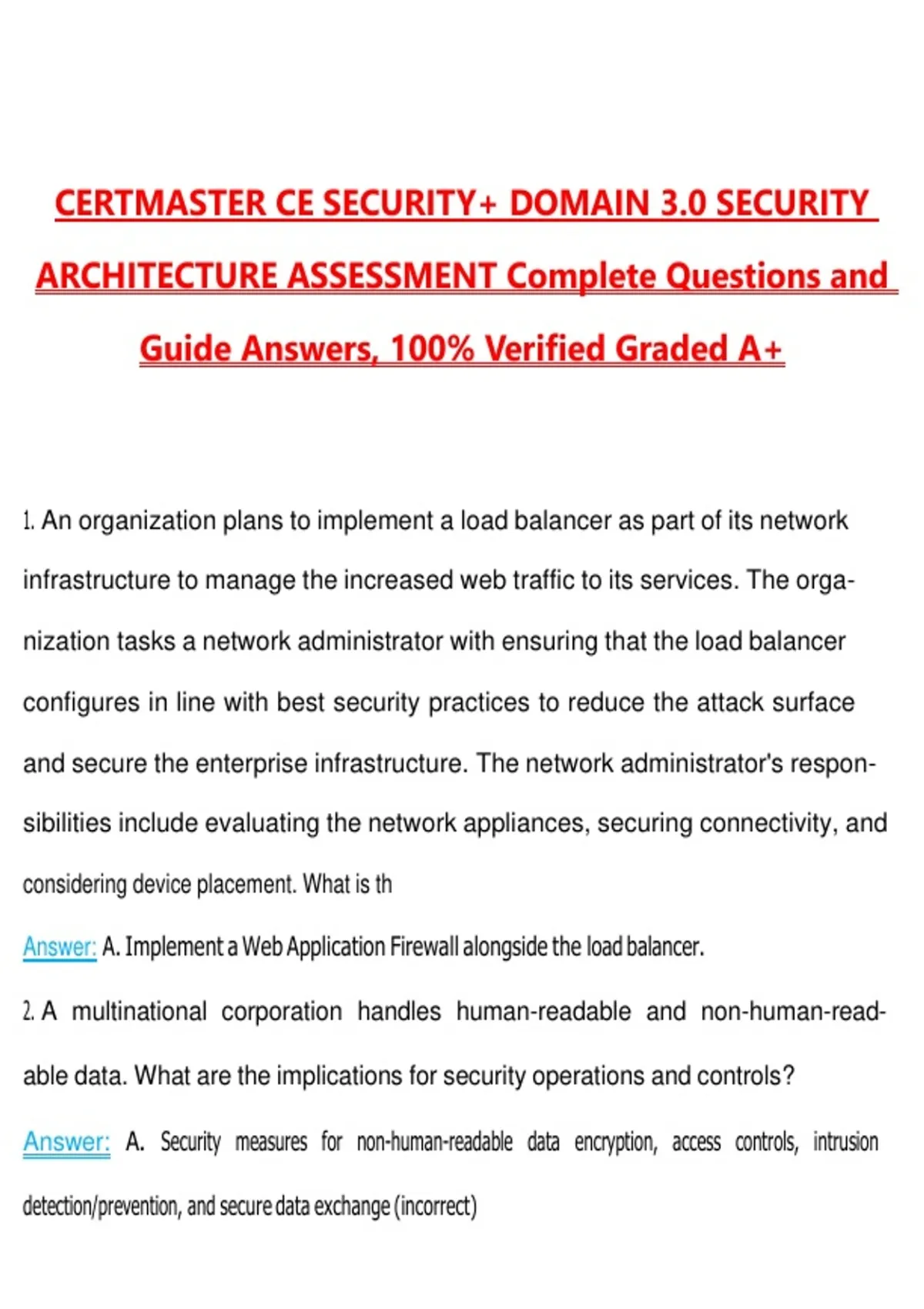 CERTMASTER CE SECURITY+ DOMAIN 3.0 SECURITY ARCHITECTURE ASSESSMENT ...