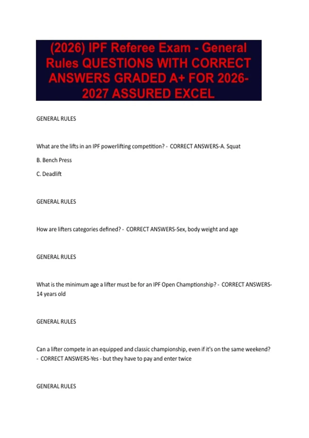 (2026) IPF Referee Exam - General Rules QUESTIONS WITH CORRECT ANSWERS ...
