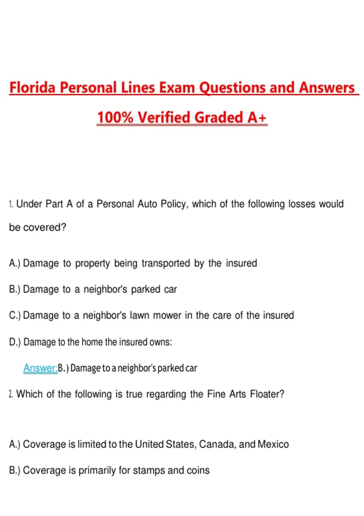 Florida Personal Lines Exam Questions with Correct Answers Pass the ...