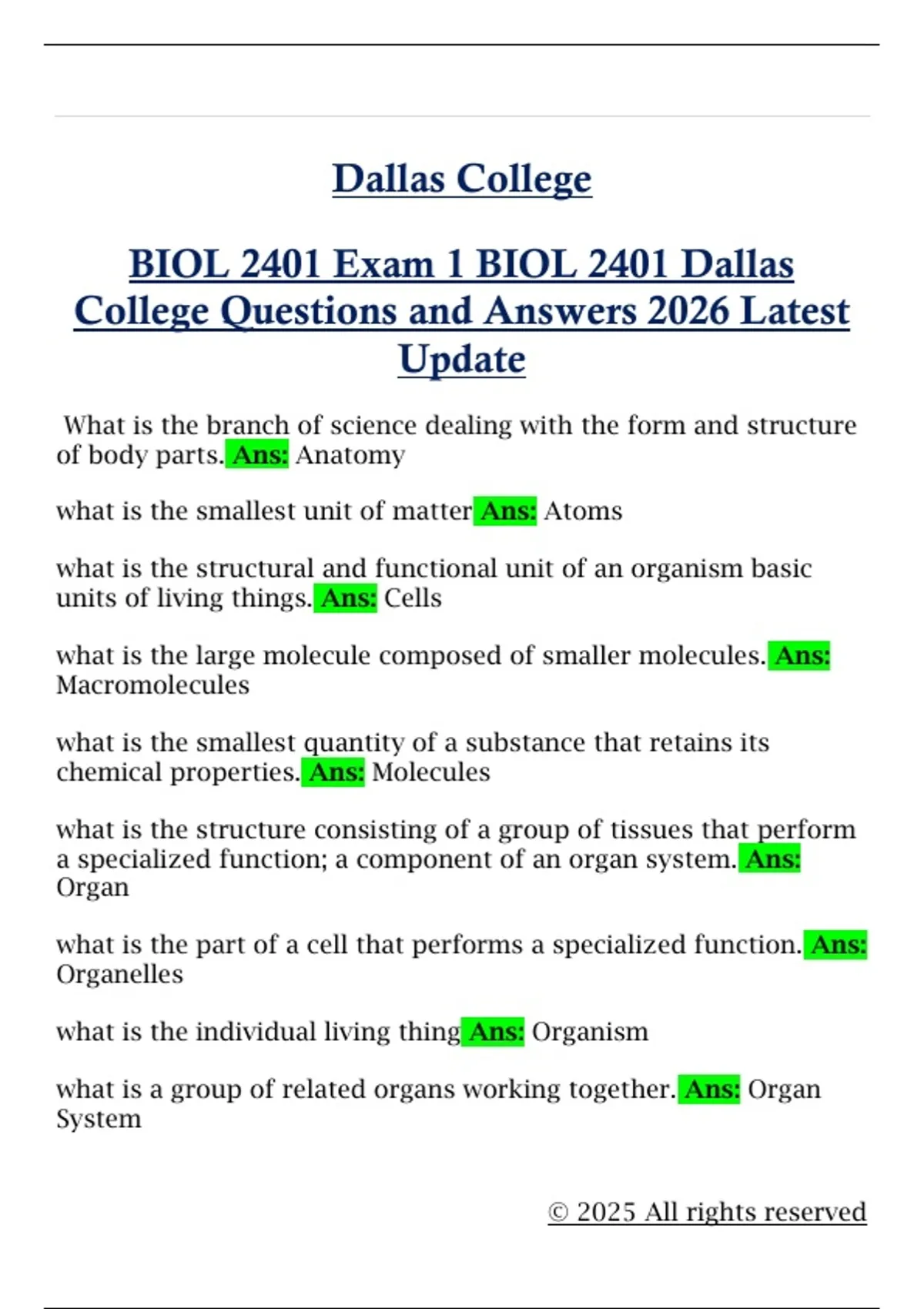 BIOL 2401 Exam 1 BIOL 2401 Dallas College Questions and Answers 2026 ...