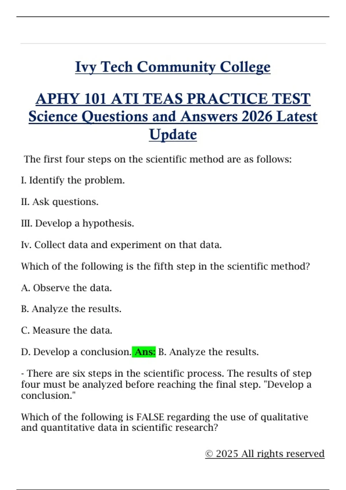 APHY 101 ATI TEAS PRACTICE TEST Science Questions and Answers 2026 ...