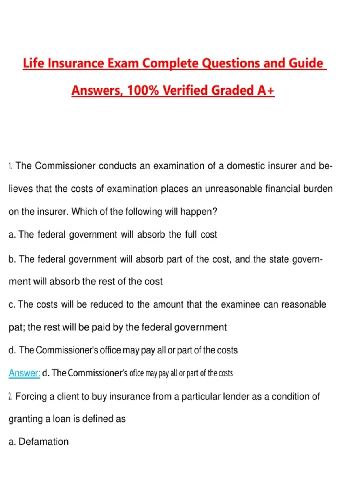Life Insurance Exam Questions with Correct Answers Pass the Exam, 100% ...