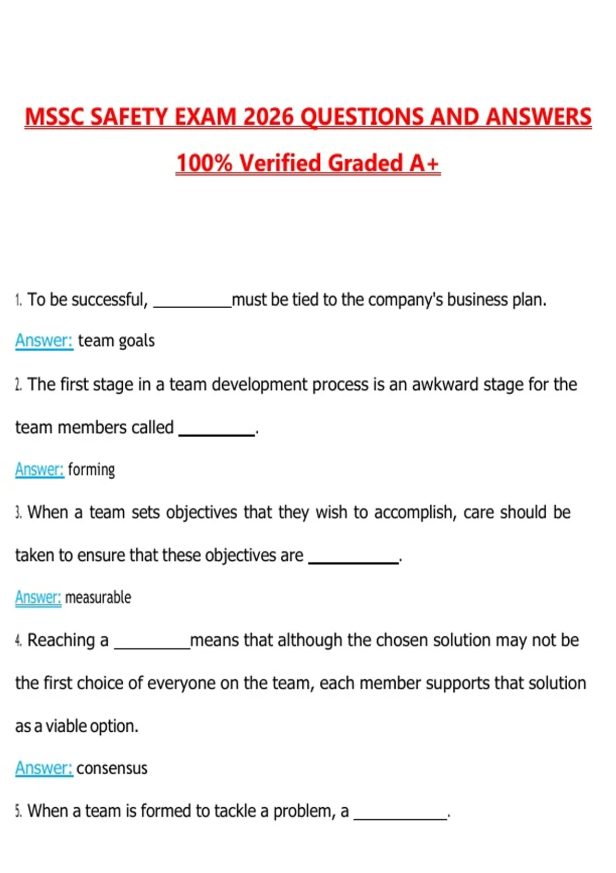 MSSC SAFETY EXAM Questions with Correct Answers Pass the Exam, 100% ...
