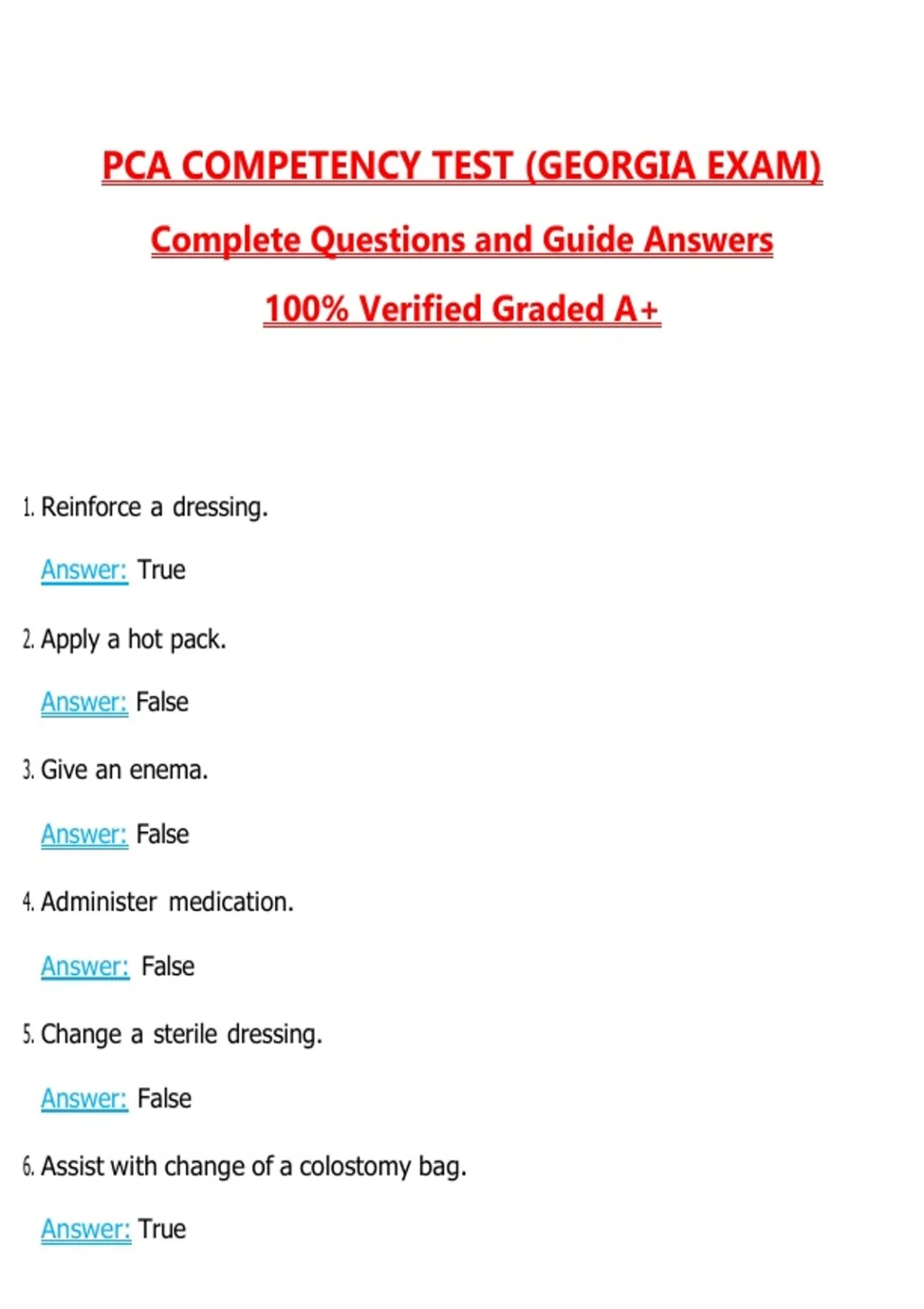 PCA Competency Test (Georgia Exam) Questions with Correct Answers Pass ...