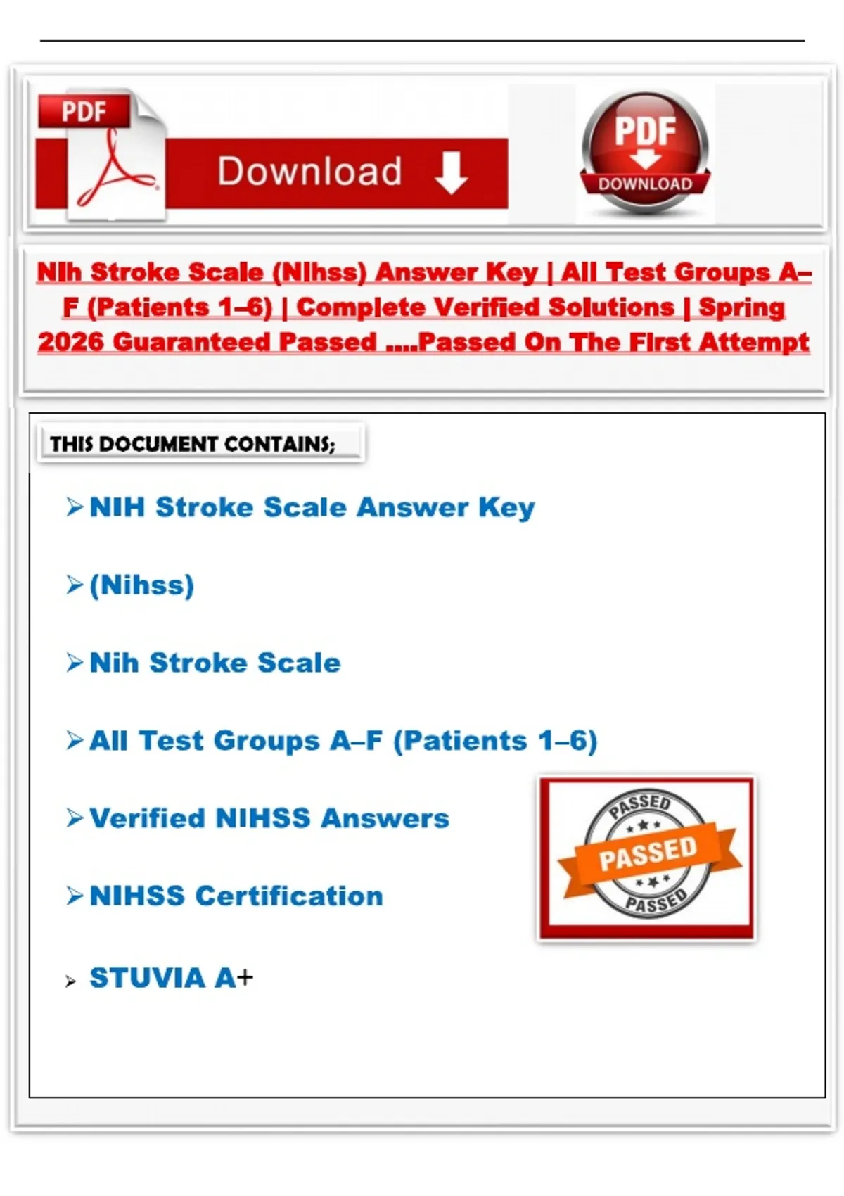 NIH Stroke Scale (NIHSS) Answer Key | All Test Groups A–F (Patients 1–6 ...