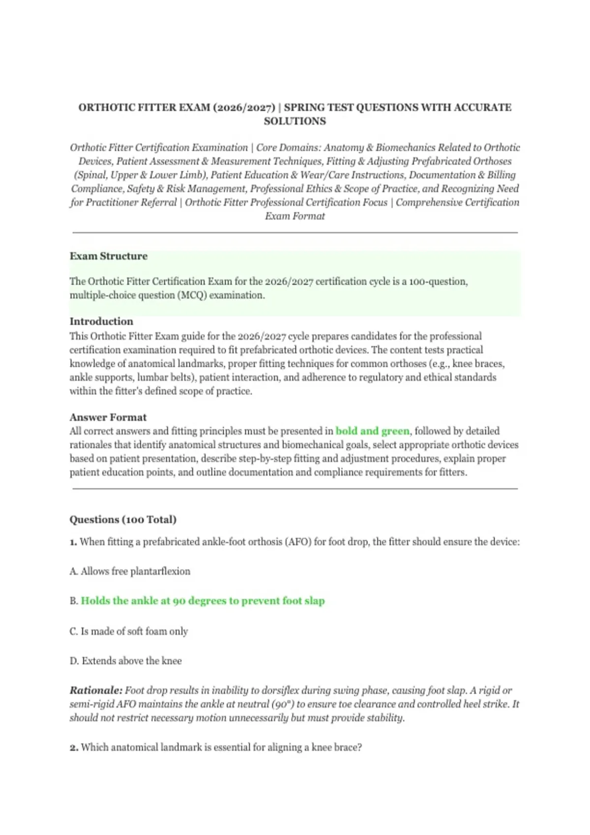 Orthotic Fitter Exam (Latest Spring Version 2026/2027) – Questions with ...