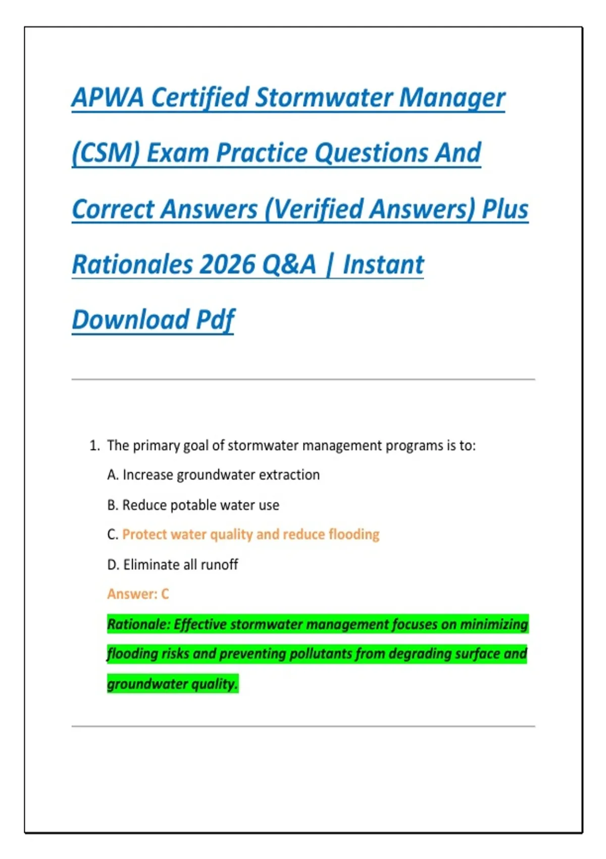 APWA Certified Stormwater Manager (CSM) Exam Practice Questions And ...