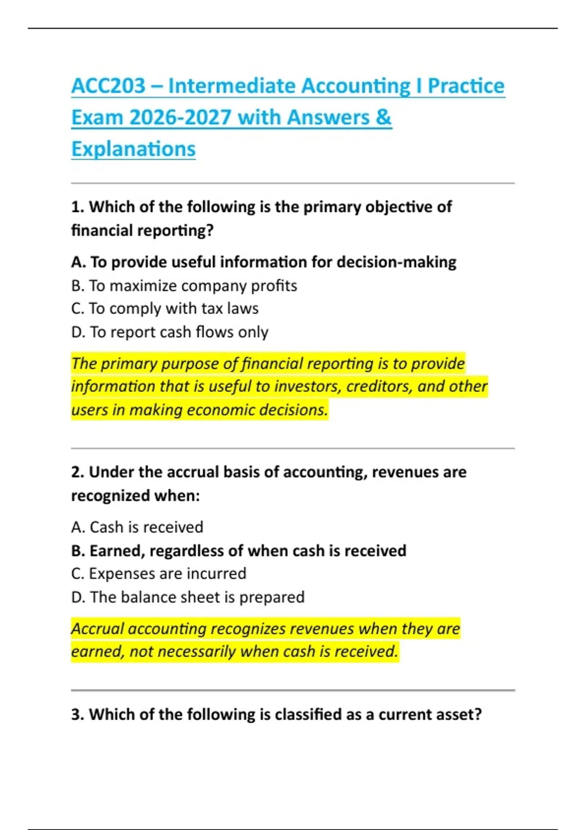 ACC203 – Intermediate Accounting I Practice Exam with Answers ...