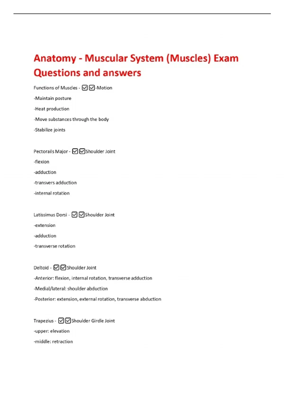 Anatomy - Muscular System (Muscles) Exam Questions and answers - Human ...