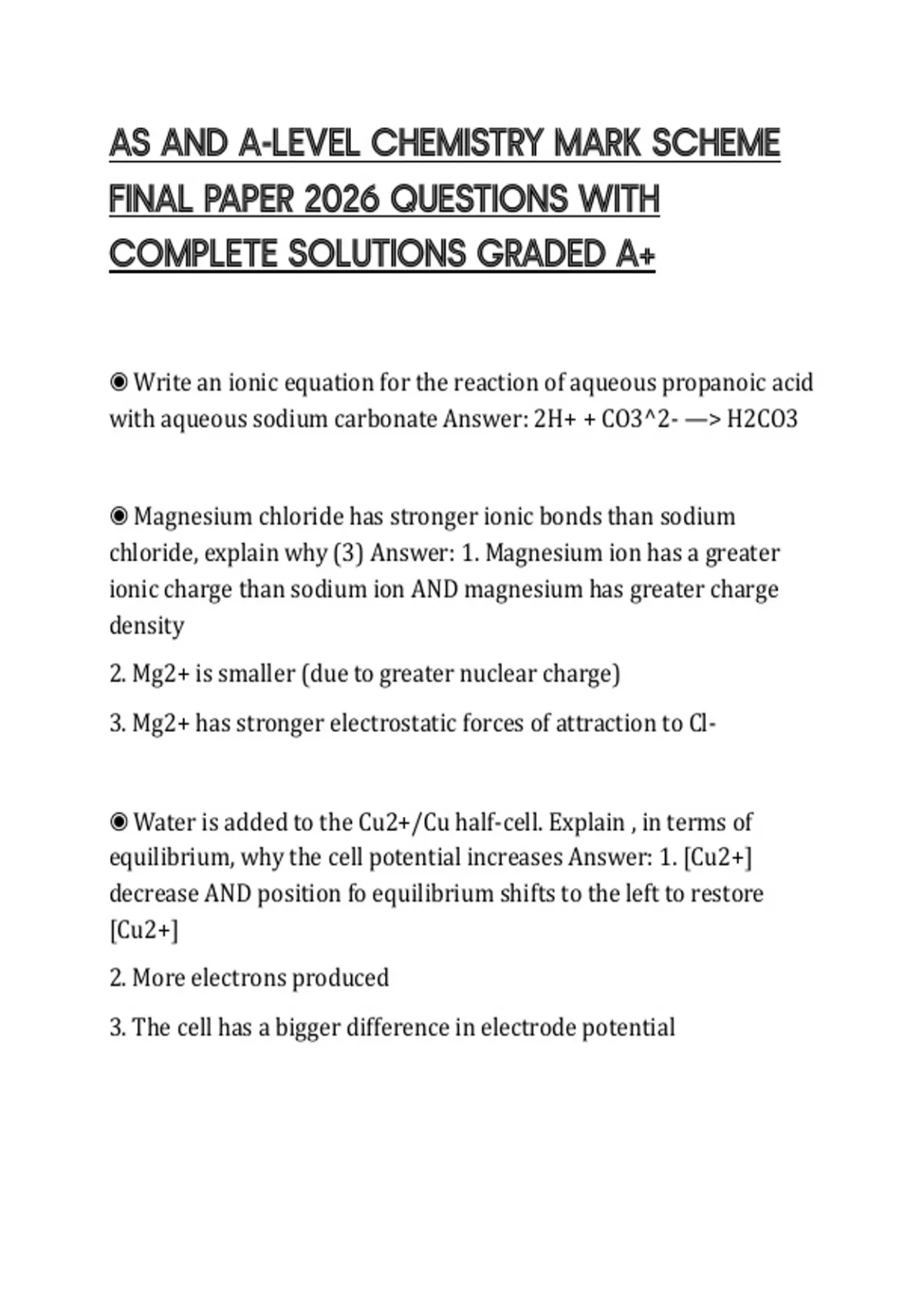 AS AND A-LEVEL CHEMISTRY MARK SCHEME FINAL PAPER 2026 QUESTIONS WITH ...