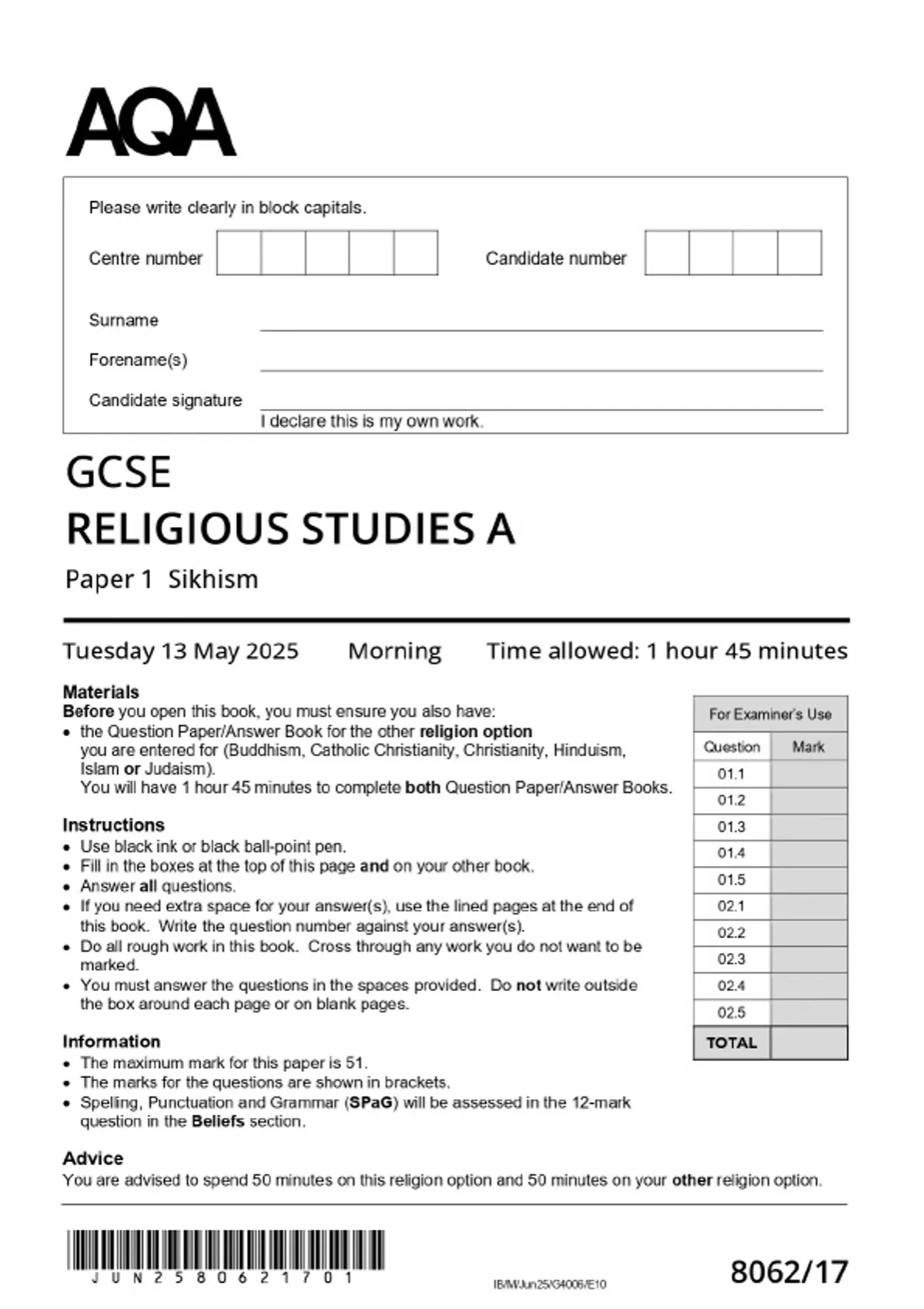 AQA GCSE RELIGIOUS STUDIES A Paper 1 Sikhism MAY 2025 Combined Question ...