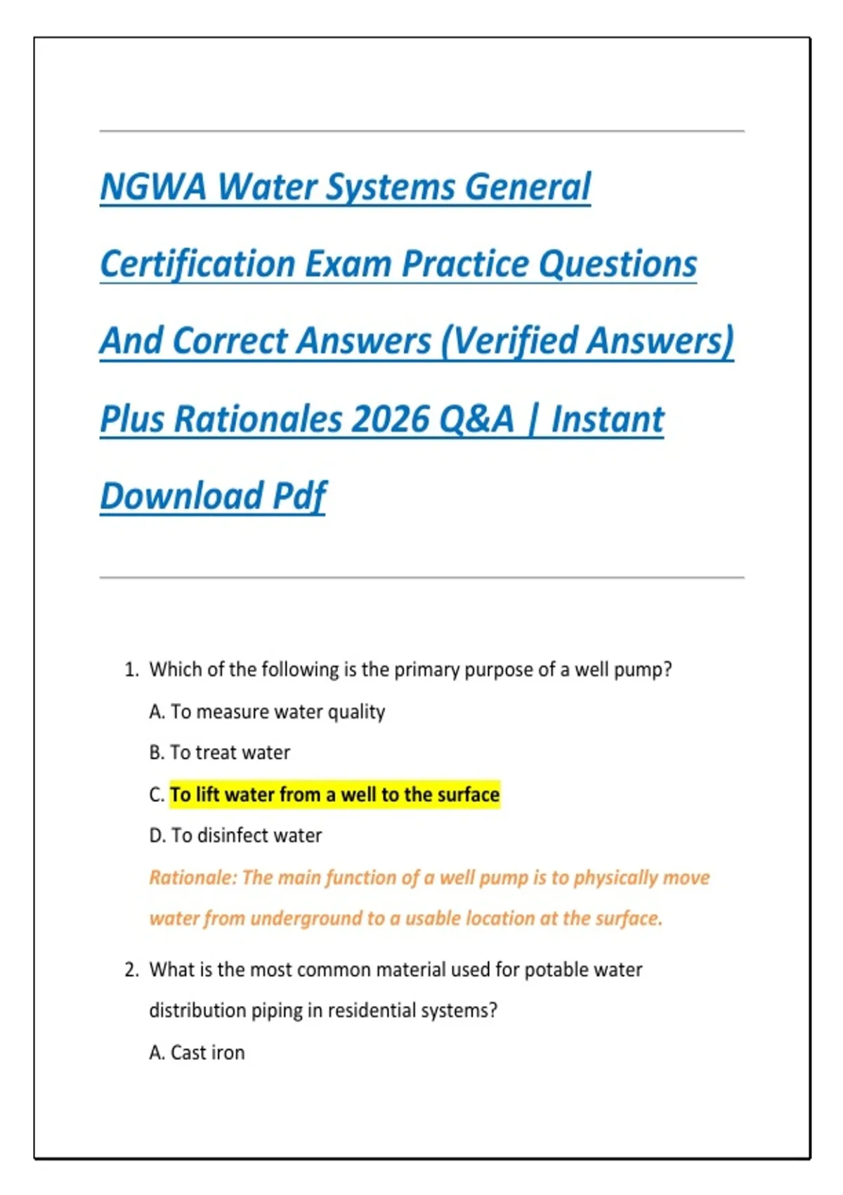 NGWA Water Systems General Certification Exam Practice Questions And ...