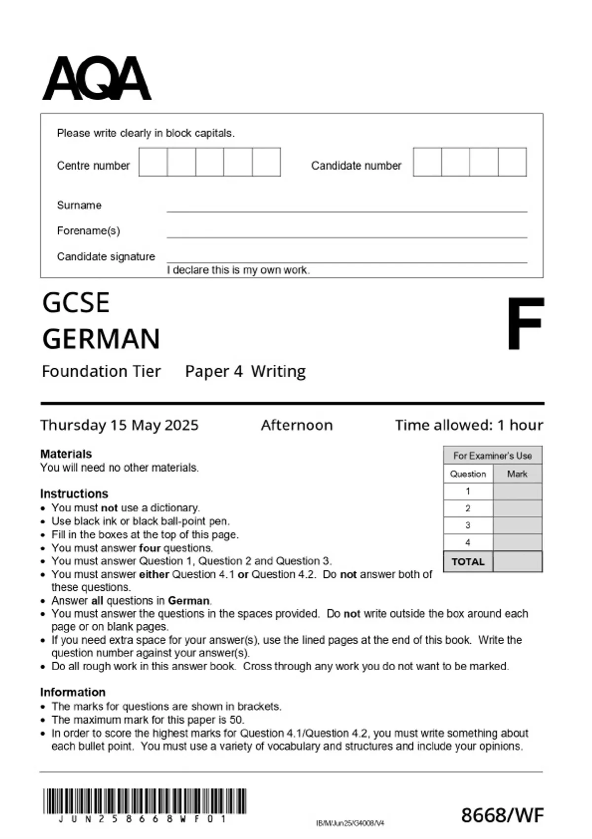 AQA GCSE GERMAN Foundation Tier Paper 4 Writing MAY 2025 Combined ...