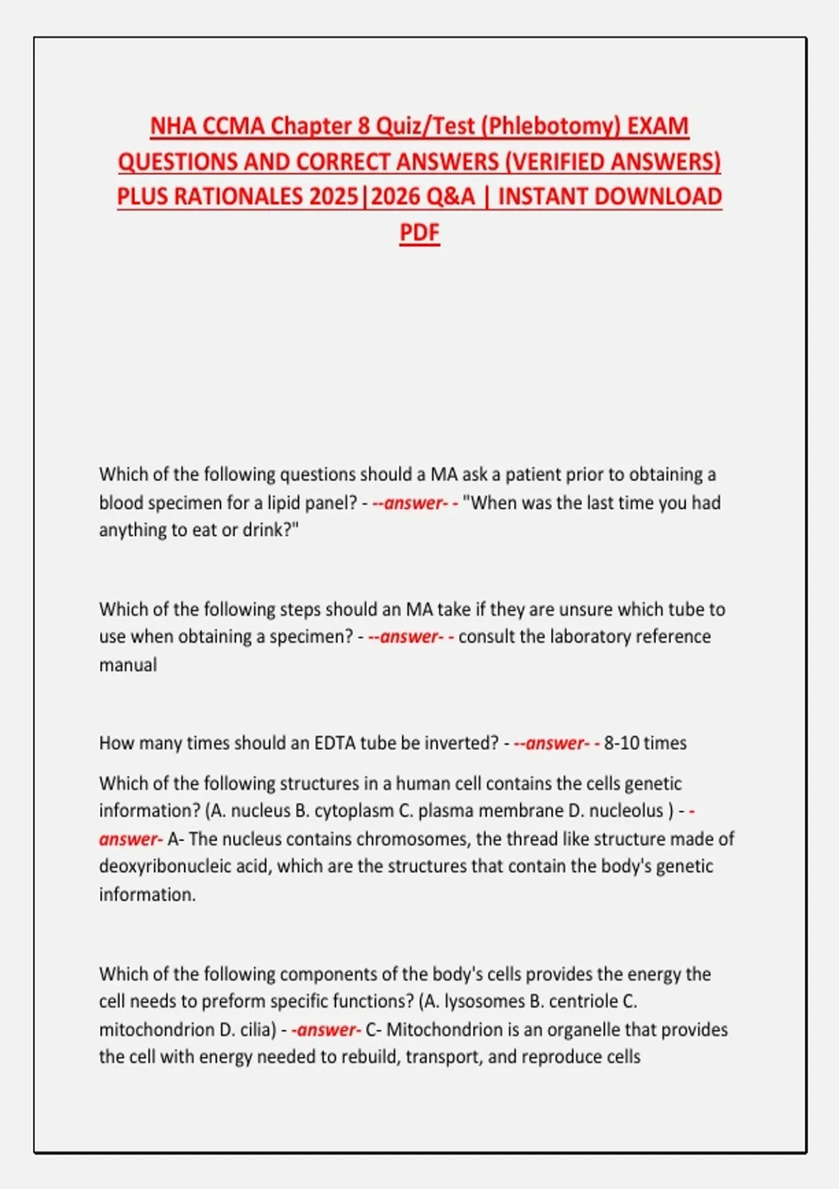 NHA CCMA Chapter 8 Quiz/Test (Phlebotomy) EXAM QUESTIONS AND CORRECT ...