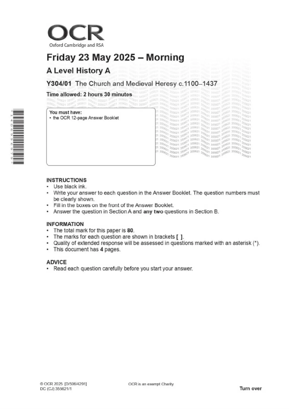 OCR A Level History A Y304/01 The Church and Medieval Heresy c.1100 ...