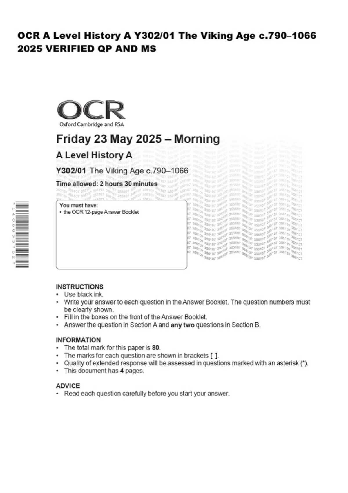 OCR A Level History A Y302/01 The Viking Age c. VERIFIED QP AND MS ...