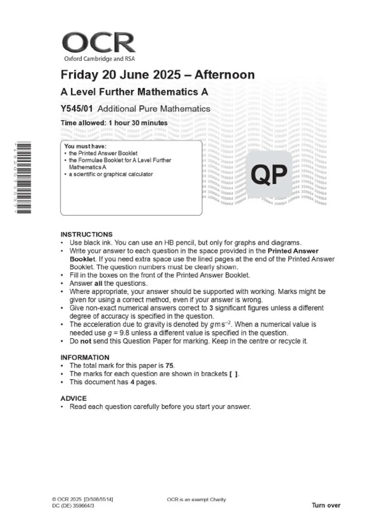 OCR A Level Further Mathematics A Y545/01 Additional Pure Mathematics ...