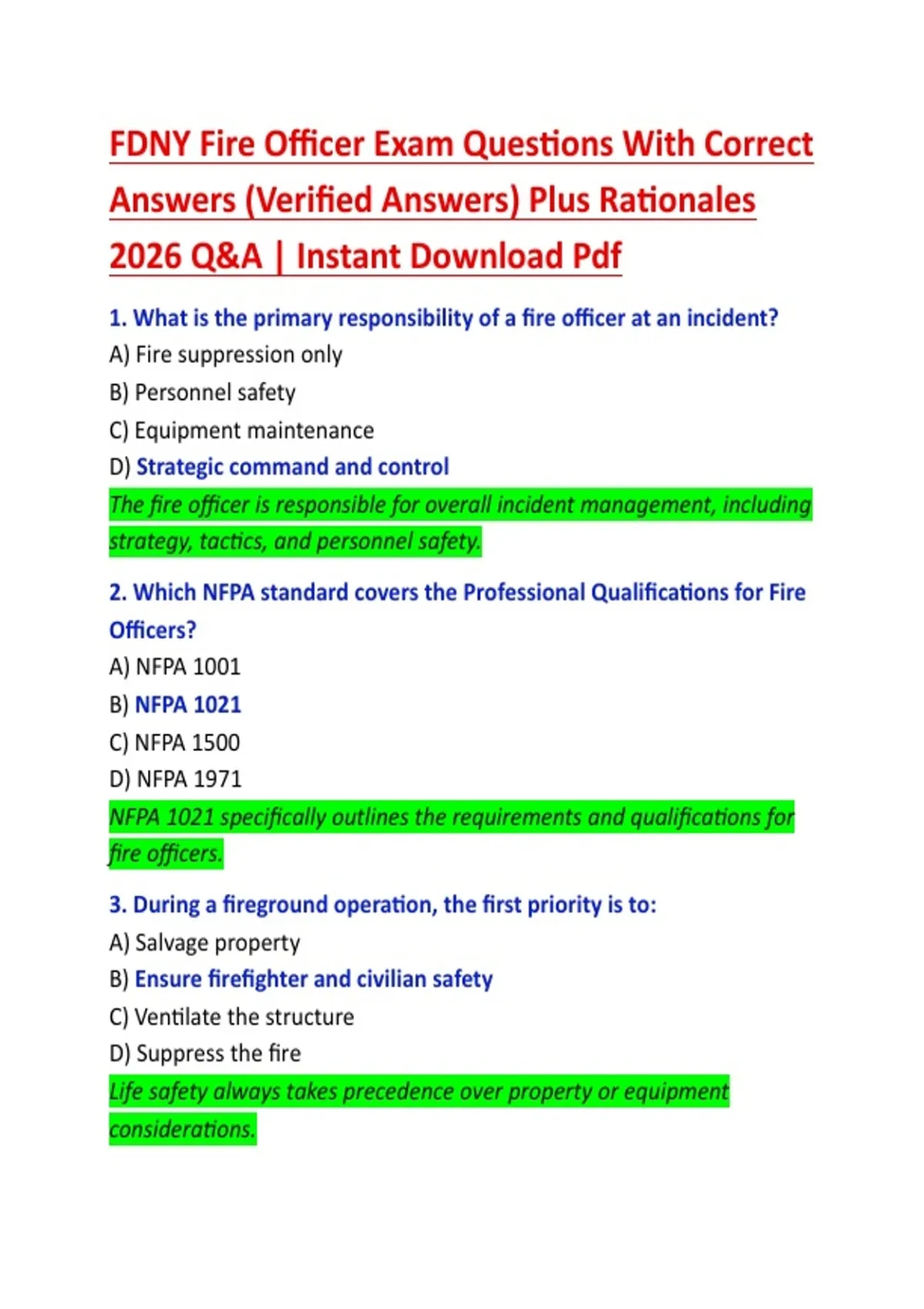 FDNY Fire Officer Exam Questions With Correct Answers (Verified Answers ...