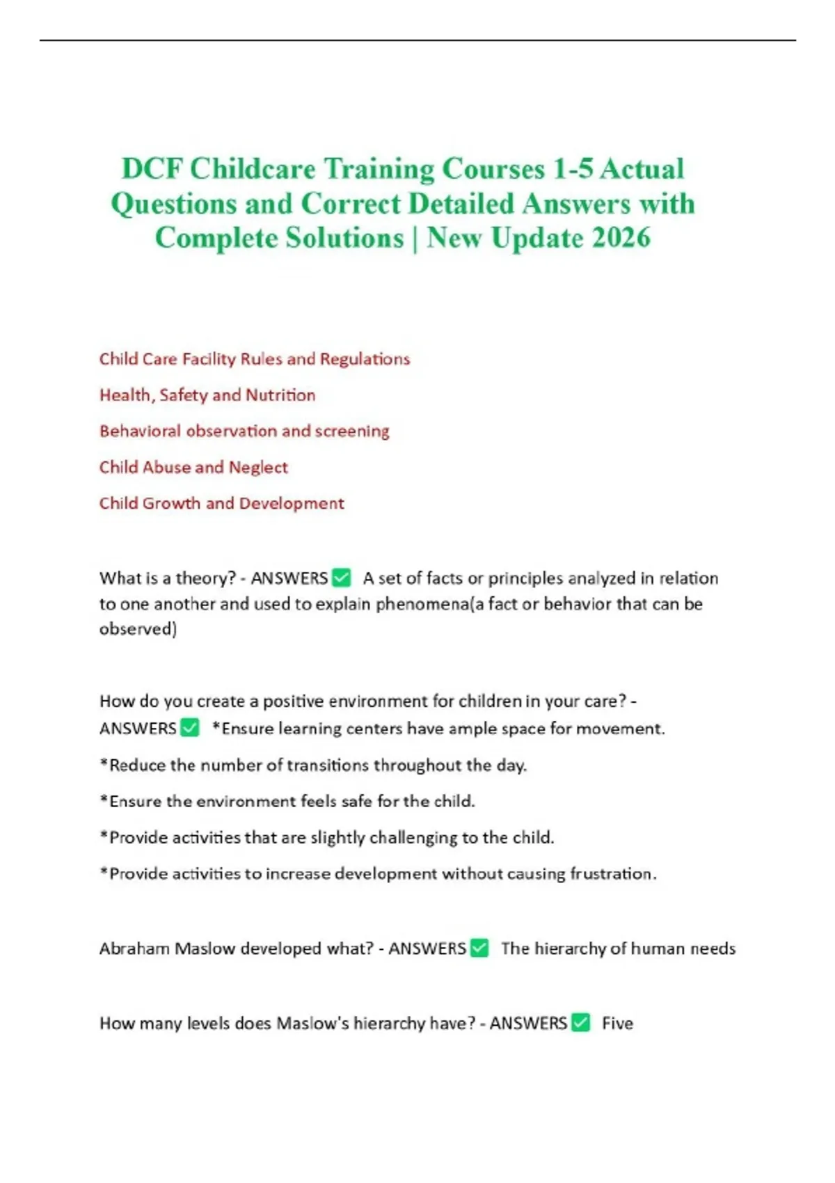 DCF Childcare Training Courses 1-5 Actual Questions and Correct ...