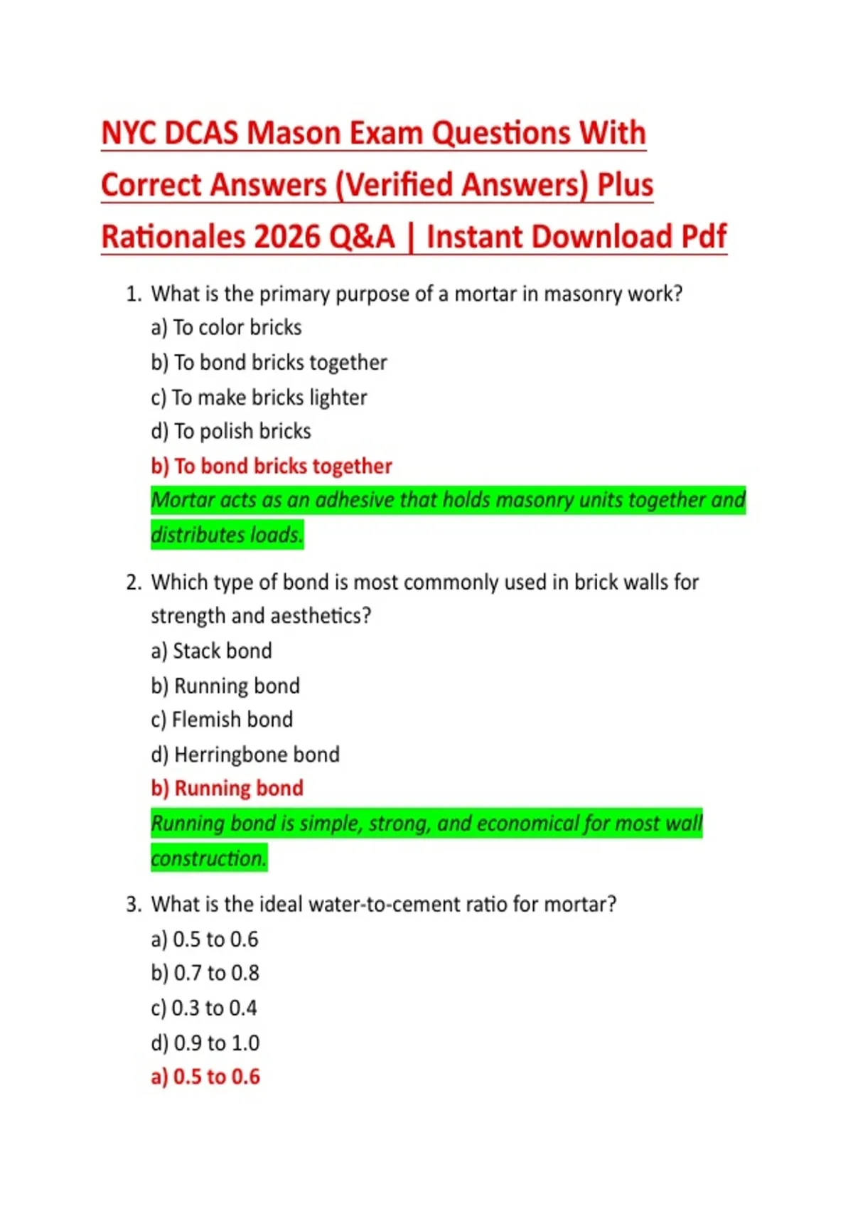 NYC DCAS Mason Exam Questions With Correct Answers (Verified Answers ...