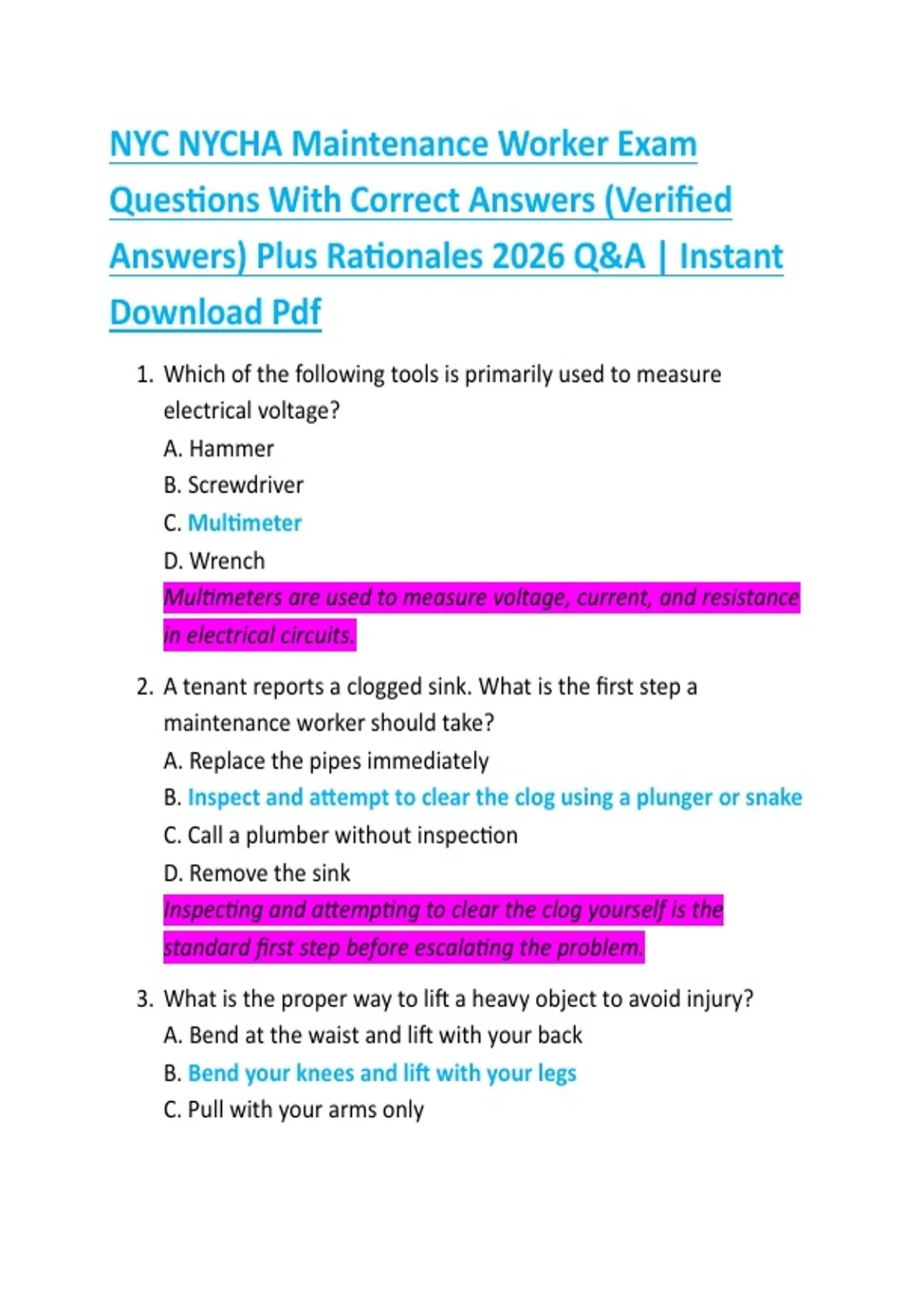 NYC NYCHA Maintenance Worker Exam Questions With Correct Answers ...
