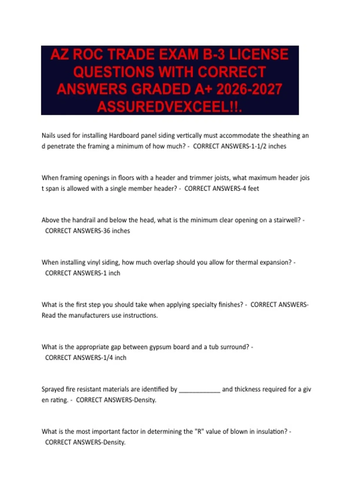 AZ ROC TRADE EXAM B-3 LICENSE QUESTIONS WITH CORRECT ANSWERS GRADED A+ ...