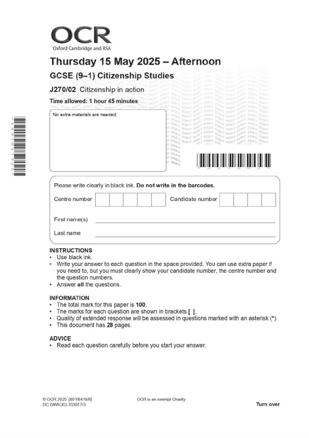 OCR GCSE (9–1) Citizenship Studies J270/02 Citizenship in action world ...