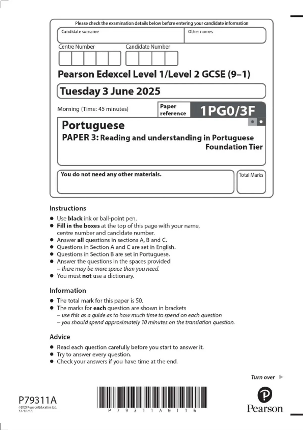 Pearson Edexcel Level1/Level 2 GCSE (9–1) Portuguese PAPER 3: Reading ...