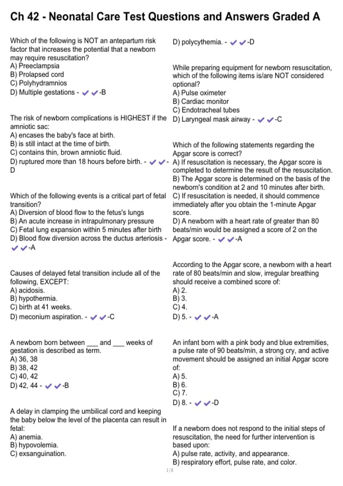 Ch 42 - Neonatal Care Test Questions and Answers Graded A - Ch 42 ...