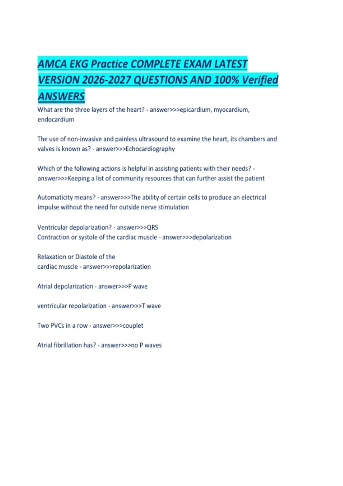 AMCA EKG Practice COMPLETE EXAM LATEST VERSION QUESTIONS AND 100 ...