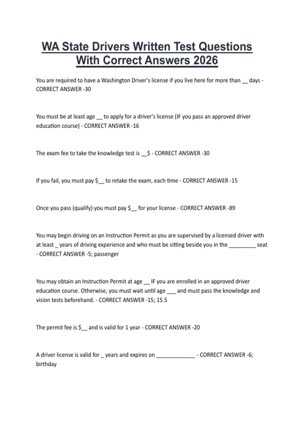 WA State Drivers Written Test Questions With Correct Answers 2026 - WA ...