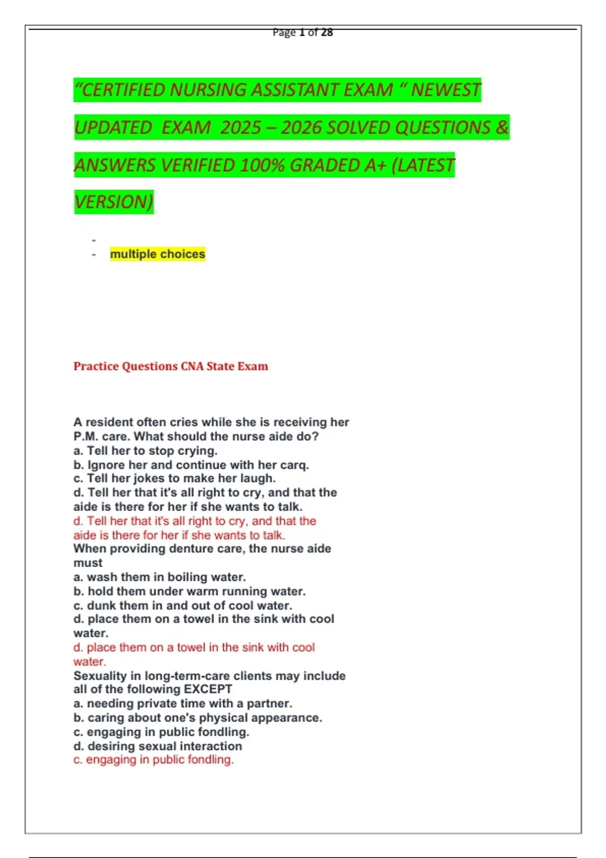 “CERTIFIED NURSING ASSISTANT EXAM “ NEWEST UPDATED EXAM 2025 – 2026 ...