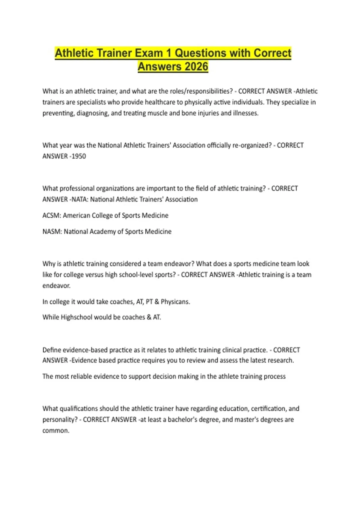 Athletic Trainer Exam 1 Questions with Correct Answers 2026 - Athletic ...