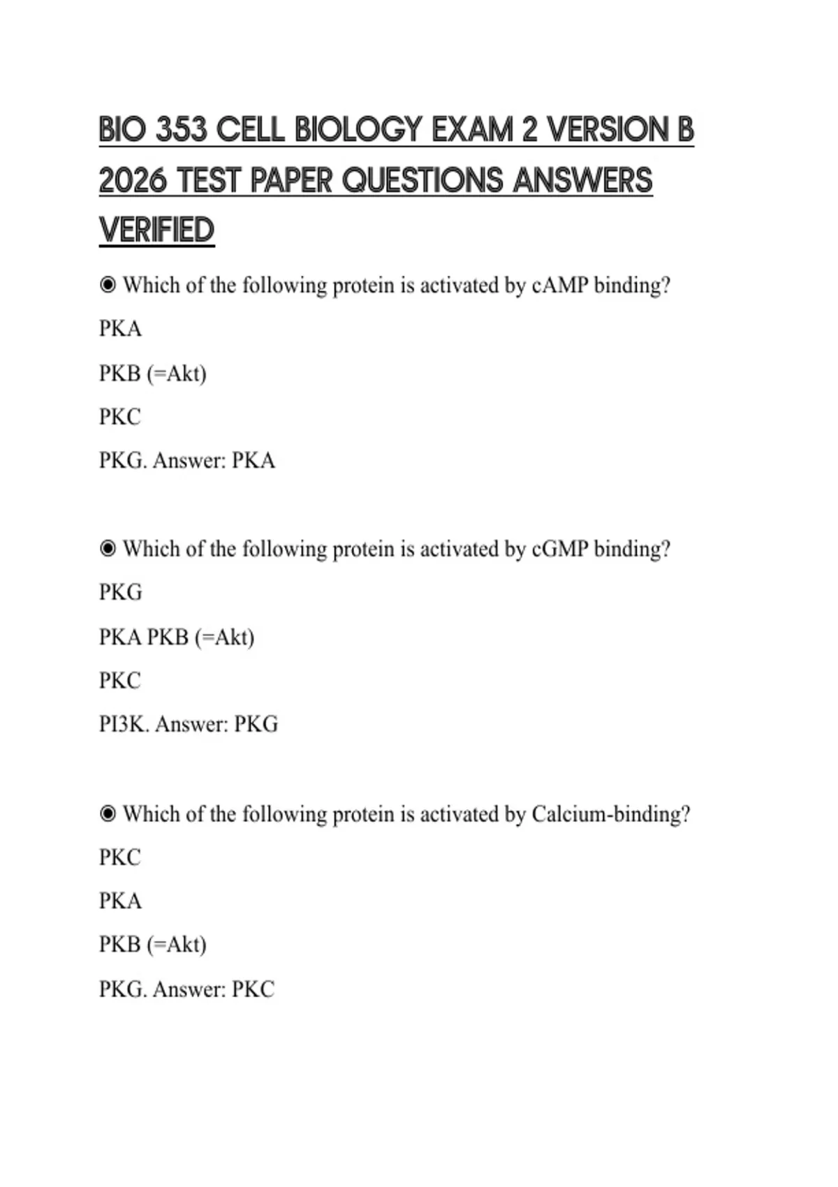 BIO 353 CELL BIOLOGY EXAM 2 VERSION B 2026 TEST PAPER QUESTIONS ANSWERS ...
