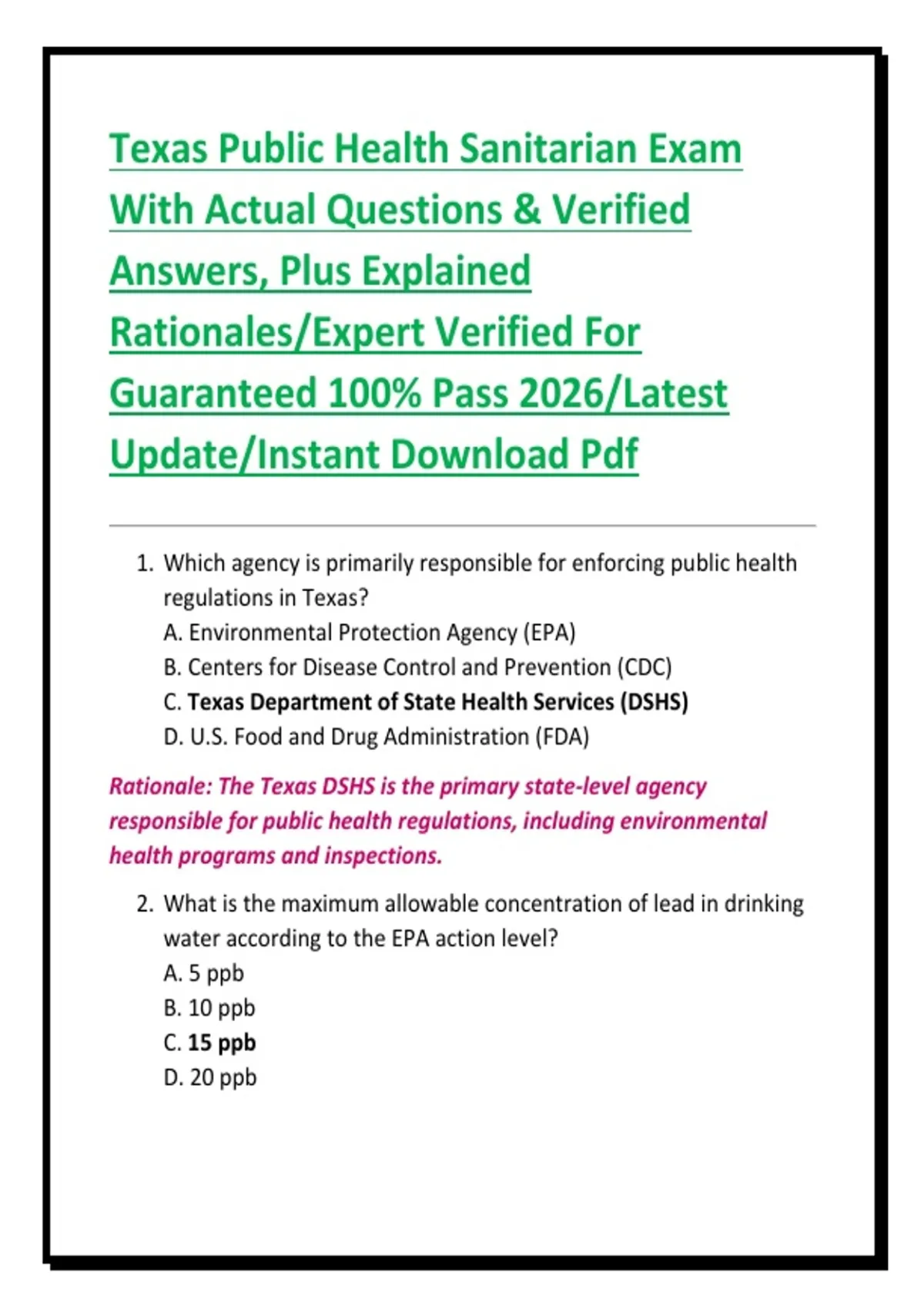 Texas Public Health Sanitarian Exam With Actual Questions & Verified ...