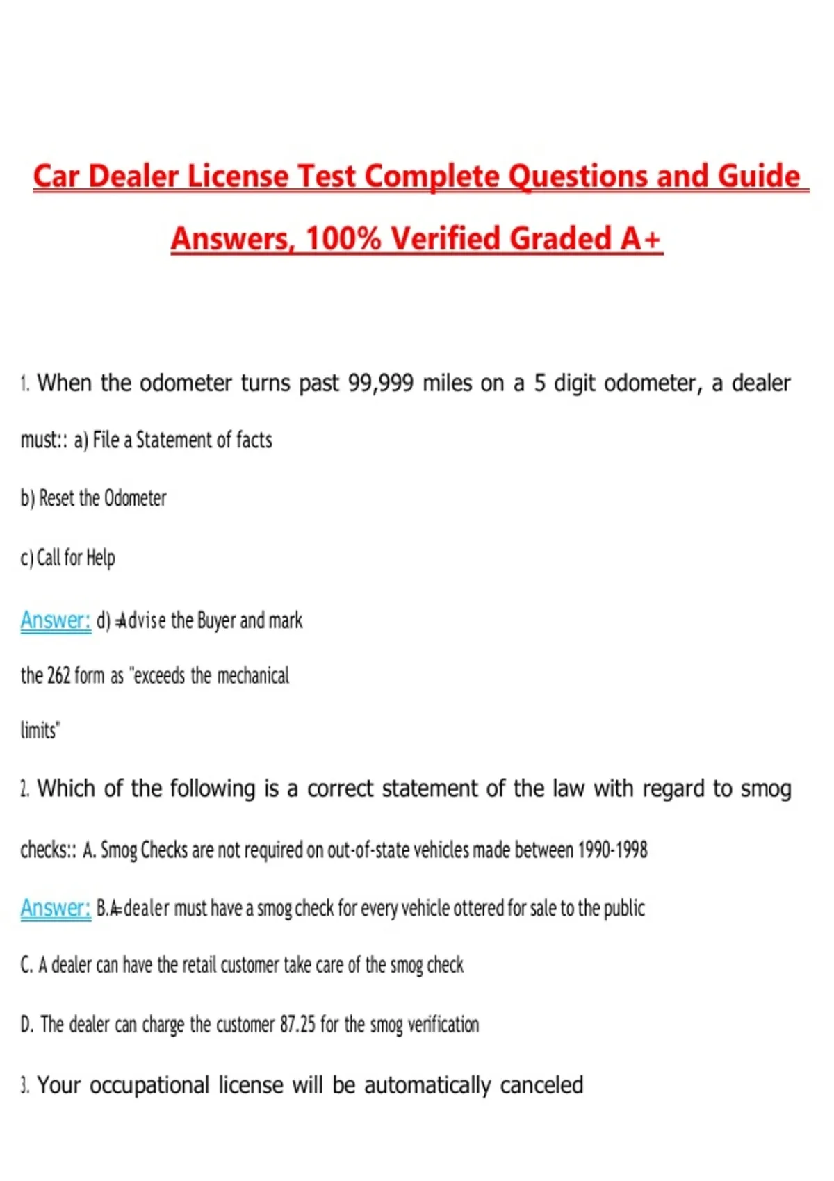 Car Dealer License Test Questions with Correct Answers Pass the Exam ...