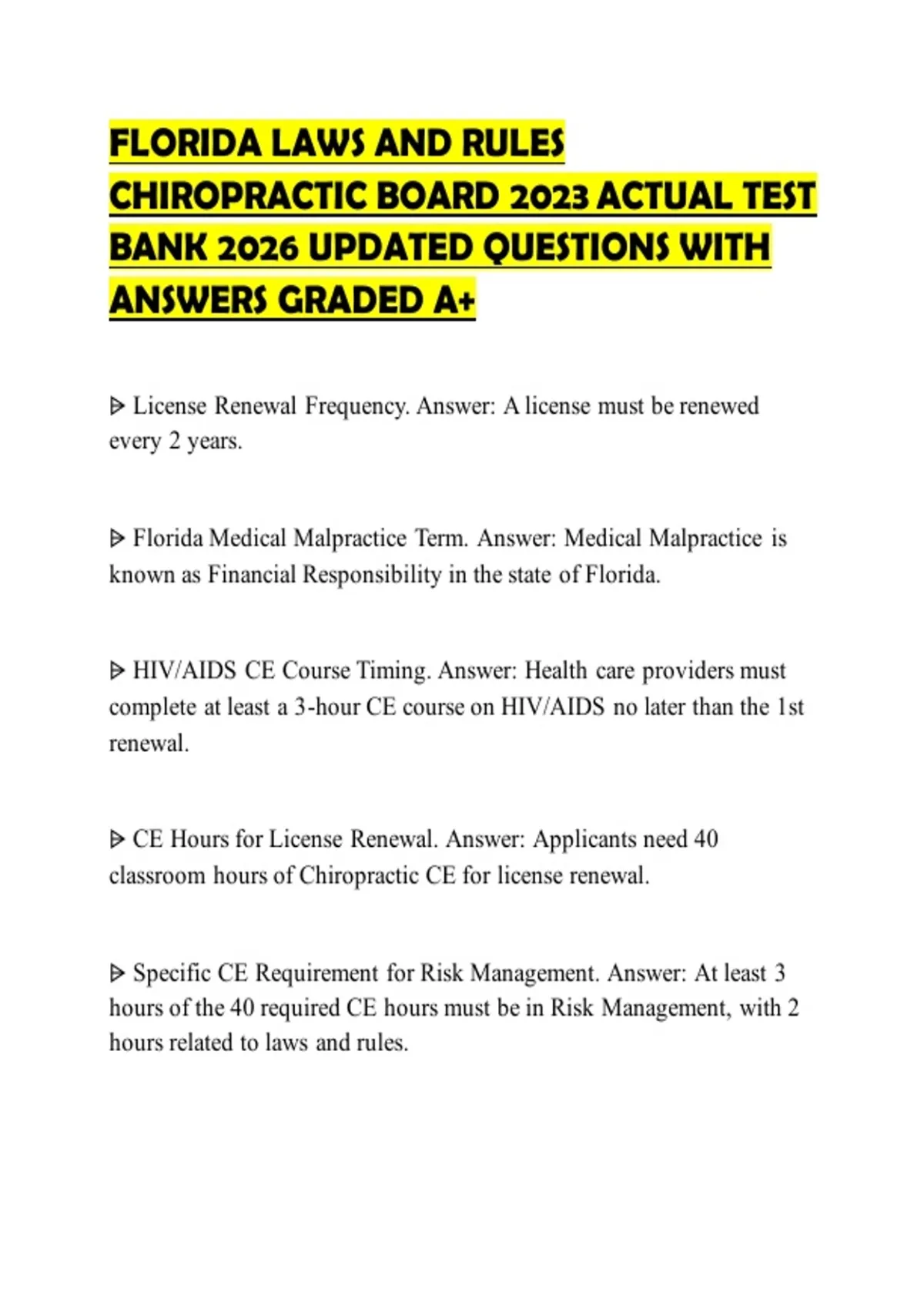 FLORIDA LAWS AND RULES CHIROPRACTIC BOARD 2023 ACTUAL TEST BANK 2026 ...