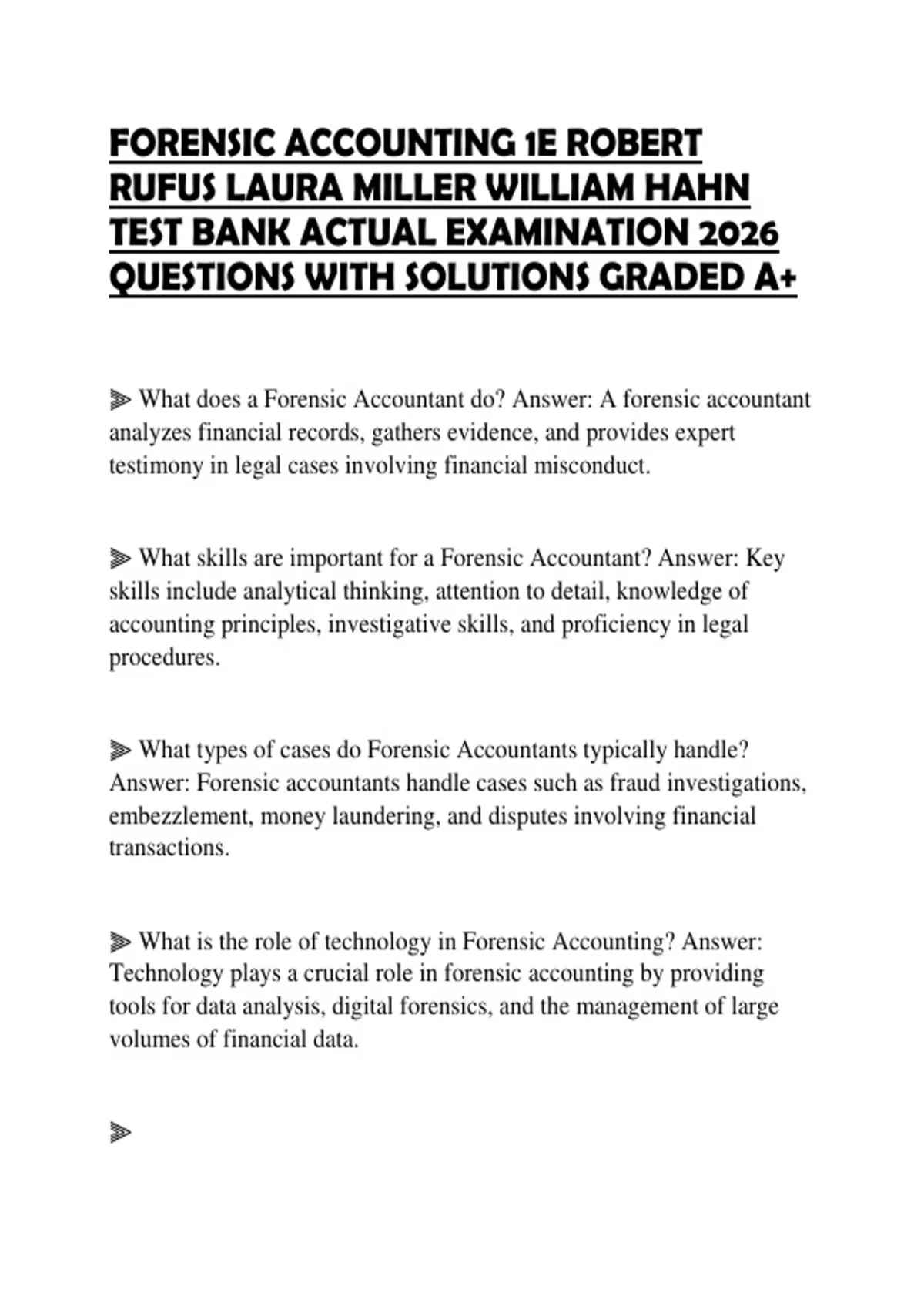 FORENSIC ACCOUNTING 1E ROBERT RUFUS LAURA MILLER WILLIAM HAHN TEST BANK ...