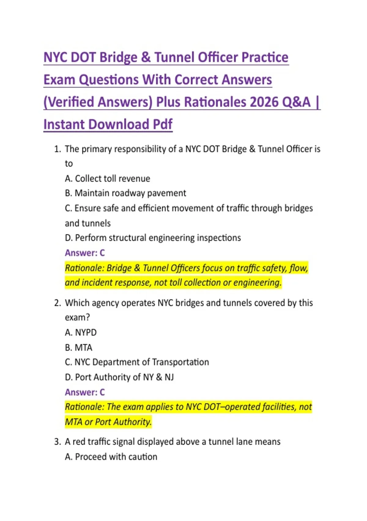 NYC DOT Bridge & Tunnel Officer Practice Exam Questions With Correct ...
